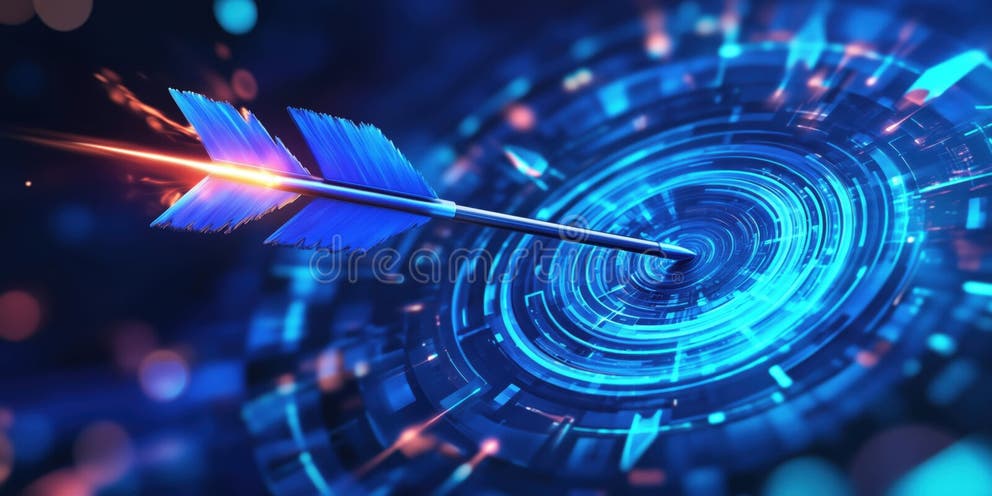 Futuristic Digital Arrow Hitting a Glowing Target in a Vibrant Blue ...