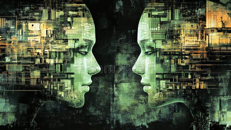 Futuristic Digital Art Depicting Two Human-like Faces with Abstract ...