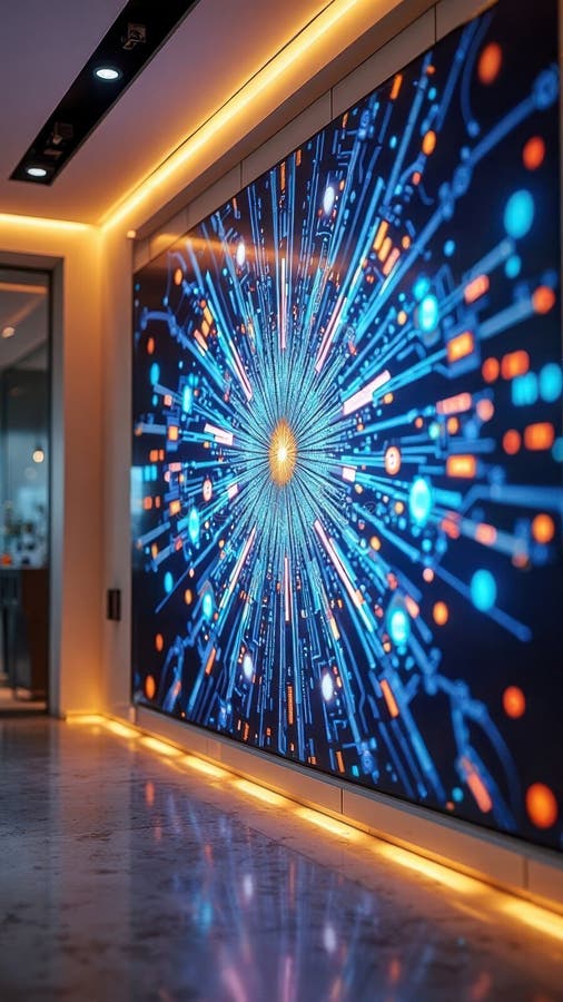 Futuristic Digital Art Display on Illuminated Wall in Modern Setting ...