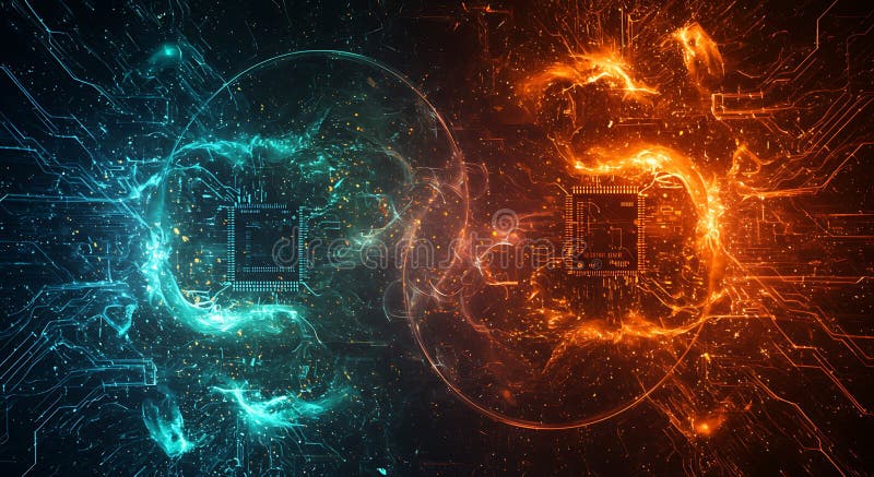 Futuristic Digital Artwork Depicts Two Computer Chips at the Center ...