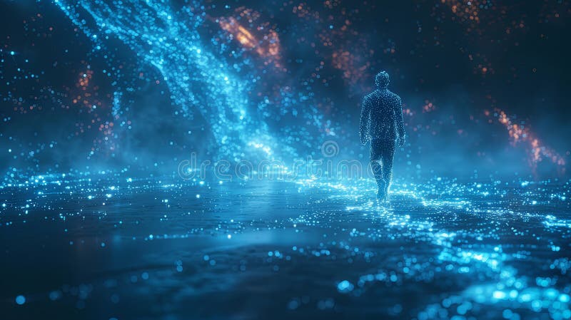 Futuristic Digital Avatar of Man Walking in a Sparkling Virtual ...