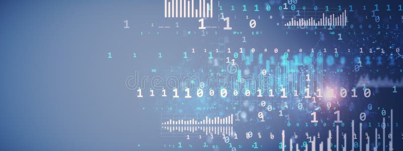 Futuristic Digital Background with Binary Code and Data Visualization on Blue Backdrop. 3D ...