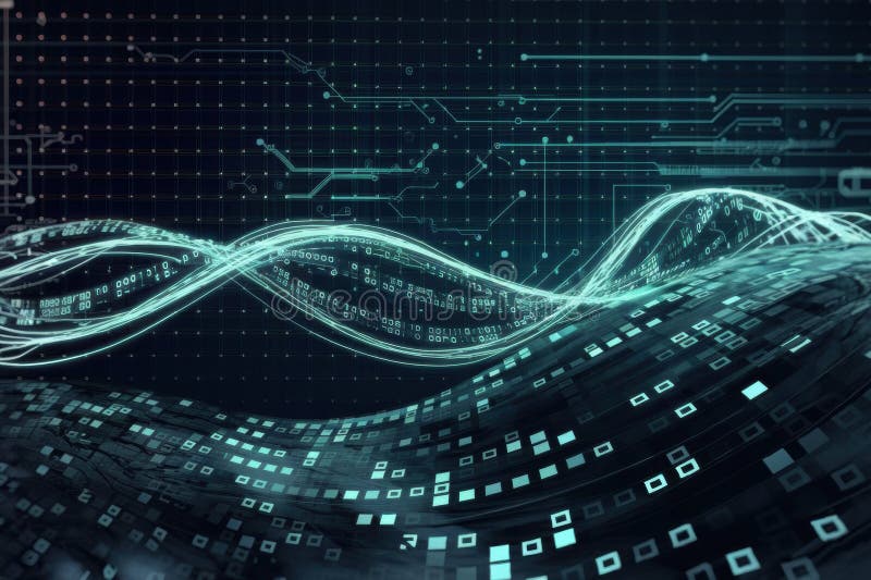 Futuristic Digital Background with Binary Code, Data Waves, and Neon Grid Stock Illustration ...