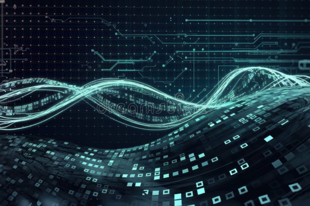 Futuristic Digital Background with Binary Code, Data Waves, and Neon Grid Stock Illustration ...