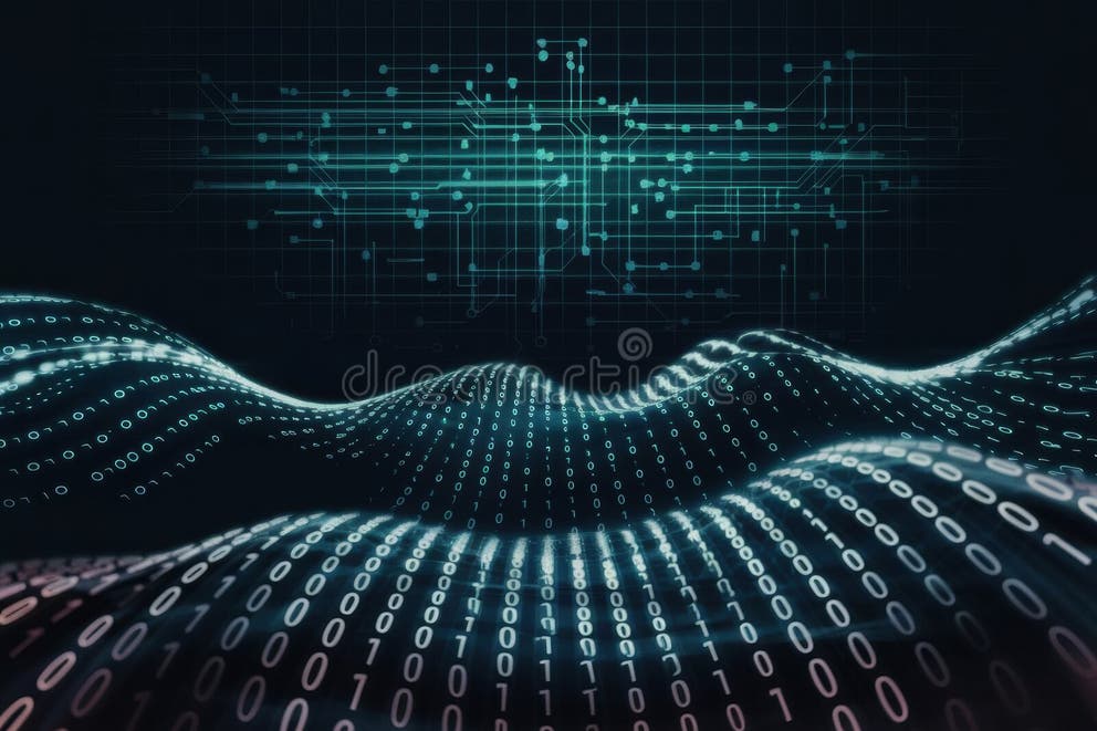 Futuristic Digital Background with Flowing Binary Code and Neon Data Waves Stock Illustration ...