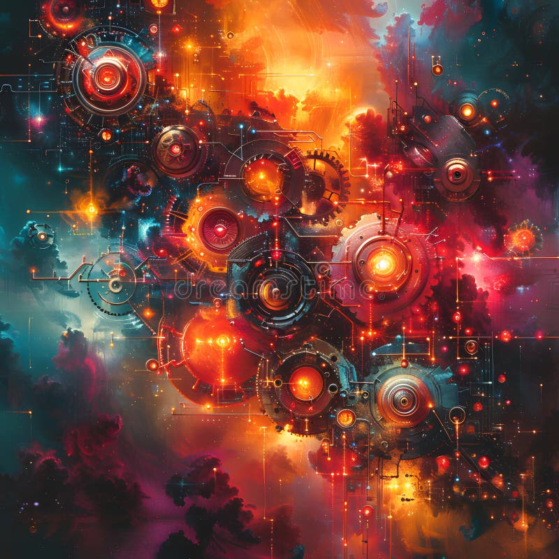 Futuristic Digital Background with Gears and Creative Space Stock ...
