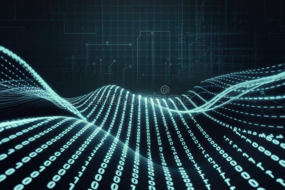 Futuristic Digital Background with Flowing Binary Code and Neon Data Waves Stock Illustration ...