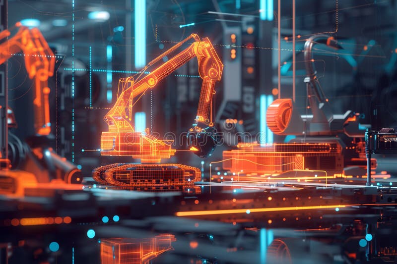 Futuristic Digital Backhoe Loader or Yellow Excavator in Construction ...