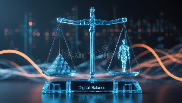 Futuristic Digital Balance Scale with Binary Code and Human Figure ...