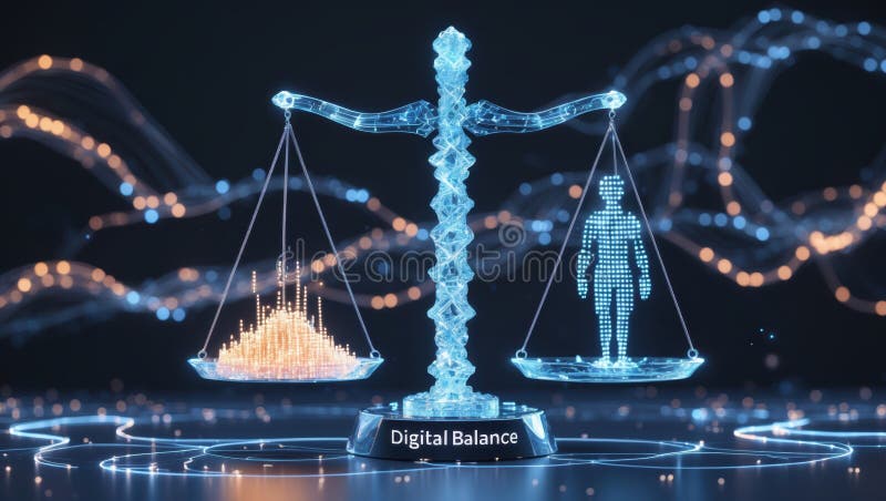 Futuristic Digital Balance Scale with Holographic Human Figure and Data ...