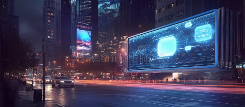 Futuristic Digital Billboard Displaying Data on a Busy City Street at ...