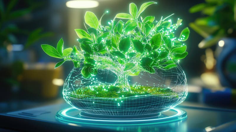 Futuristic Digital Biotech Plant in Glowing Holographic Display Stock ...