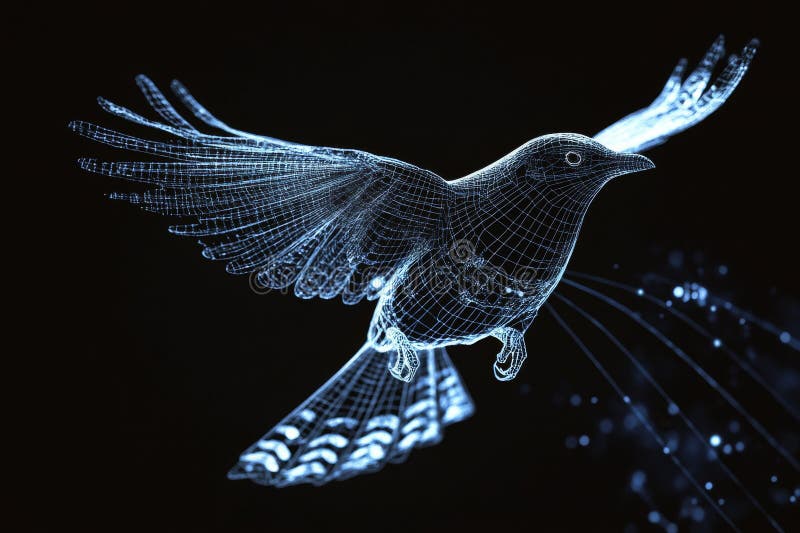 Futuristic Digital Bird in Flight with Glowing Wireframe Design on a ...