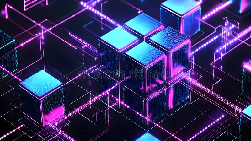 Futuristic Digital Blocks with Neon Lights Stock Illustration ...