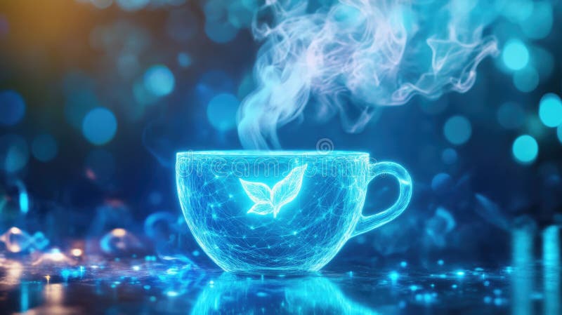 Futuristic Digital Blue Teacup with Steam and Abstract Light Effects ...