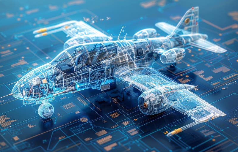 Futuristic Digital Blueprint of a Modern Aircraft with Technological ...