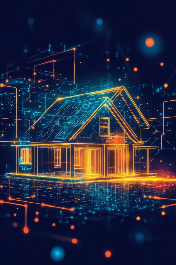Futuristic Digital Blueprint of a Modern House with Neon Accents Stock ...