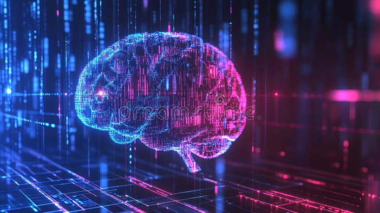 Futuristic Digital Brain Concept with Neon Lights and Data Streams Stock Illustration ...