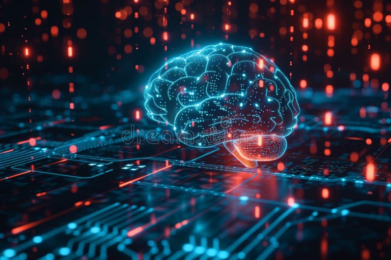 Futuristic Digital Brain with Glowing Circuits and Binary Code Patterns. Stock Illustration ...