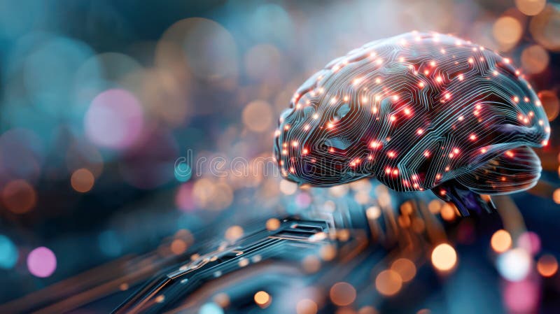Futuristic Digital Brain with Glowing Circuits and Vibrant Bokeh Background Stock Illustration ...