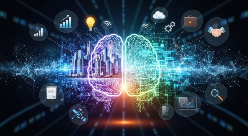 Futuristic Digital Brain with Glowing Neural Network and Information ...