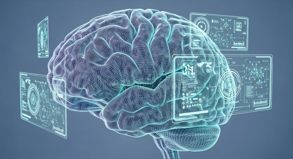 Futuristic Digital Brain with Interface Displays Stock Photo - Image of ...