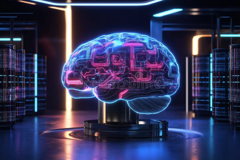 Futuristic Digital Brain Model Glows Neon Light. Advanced Neural Tech ...
