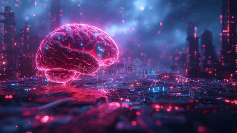 Futuristic Digital Brain in Neon Cityscape - Generative Ai Stock ...