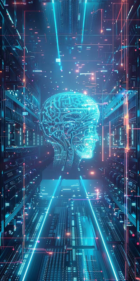 Futuristic Digital Brain in Neon Cyber Network with Circuitry and Data ...