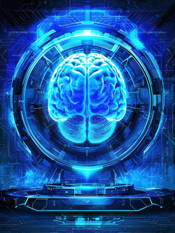 Futuristic Digital Brain with Neon Glow and Technological Elements ...