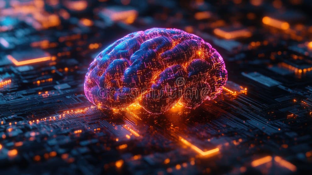 Futuristic Digital Brain with Neon Lights on Circuit Board Stock Photo ...