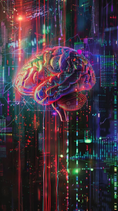 Futuristic Digital Brain with Neon Lights and Technological Background ...