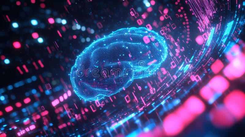 Futuristic Digital Brain in Neural Network with Binary Code and Bright Neon Lights in a Vibrant ...