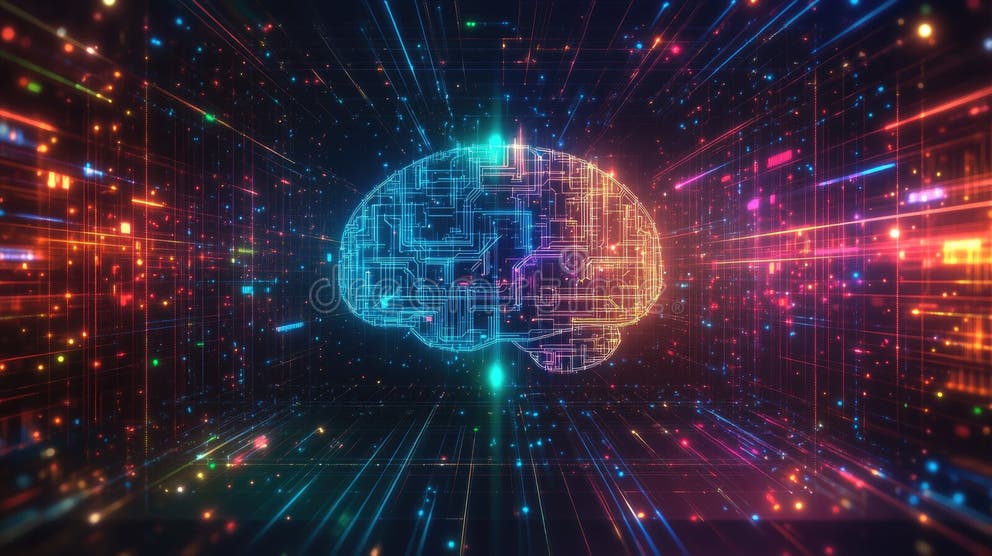 Futuristic Digital Brain with Neural Network and Colorful Lights Stock ...