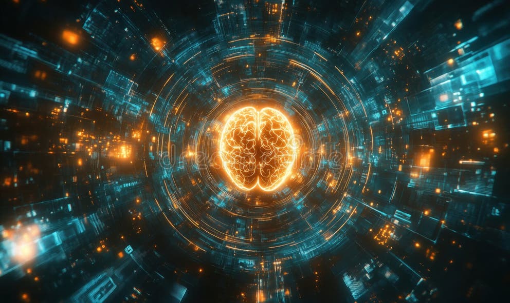 Futuristic Digital Brain Surrounded by Glowing Data Streams and Circuits Stock Image - Image of ...