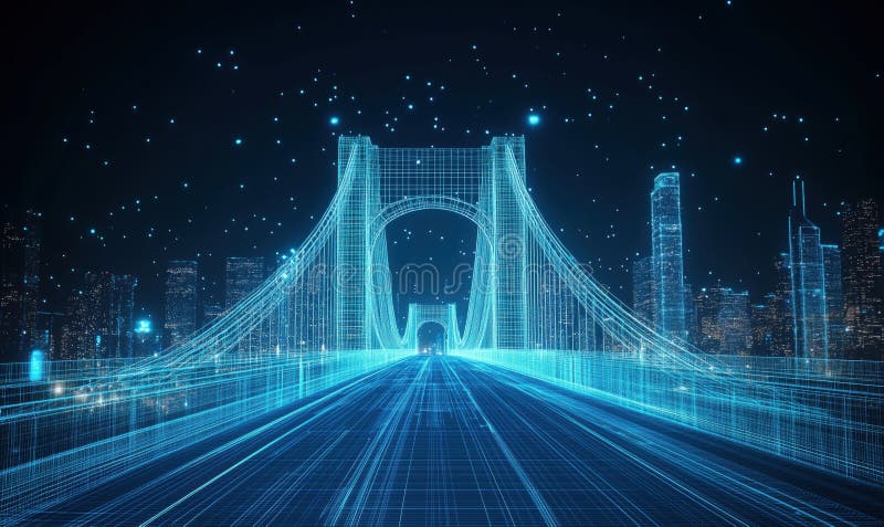 Futuristic Digital Bridge Design with Glowing Blue Wireframe Structure ...