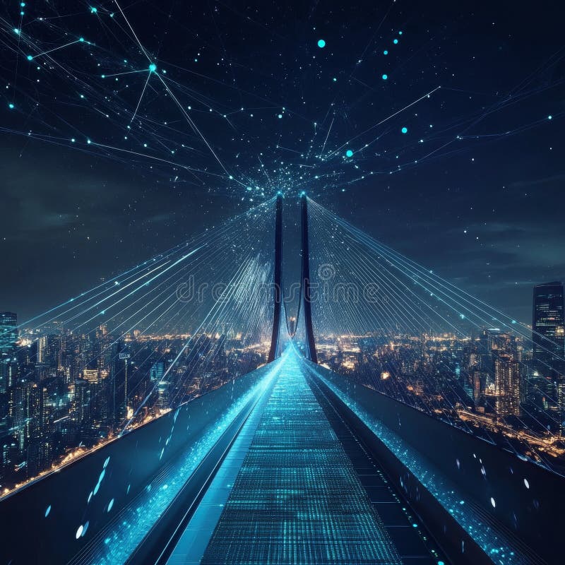 Futuristic Digital Bridge Overlooking Illuminated Cityscape at Night ...