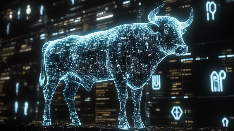 A Futuristic Digital Bull Glowing Against a Complex Data Background ...