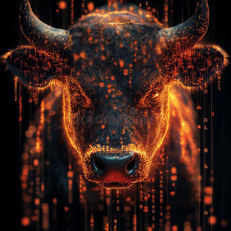 Futuristic Digital Bull with Glowing Orange Particles in a Virtual ...