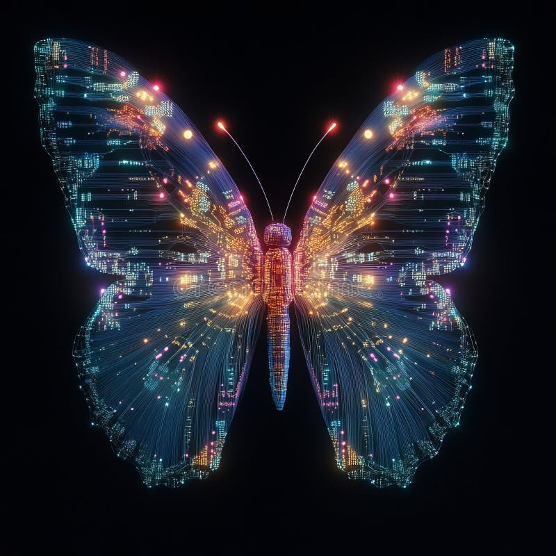 Futuristic Digital Butterfly with Glowing Circuitry Wings on Black ...