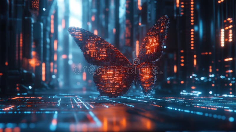 Futuristic Digital Butterfly in Neon Cyberpunk Cityscape Stock ...
