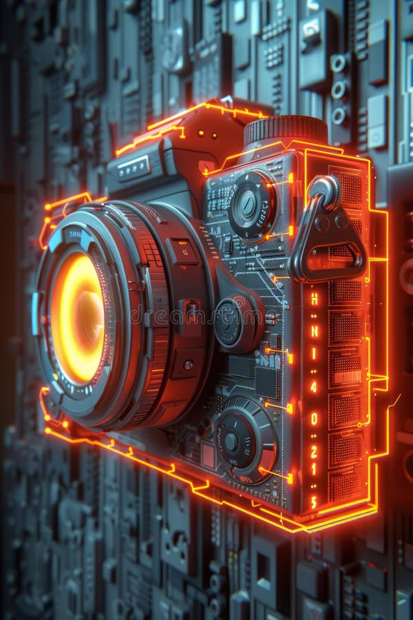 Futuristic Digital Camera Design with Neon Orange Highlights in a High ...