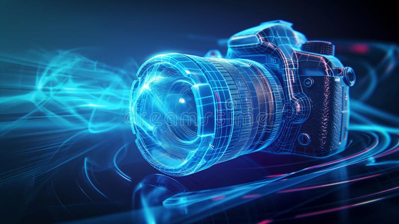 Futuristic Digital Camera in Neon Blue Stock Illustration ...