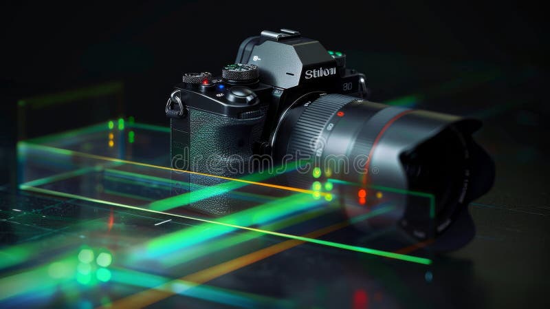 Futuristic Digital Camera with Vibrant Holographic Display on a Dark ...