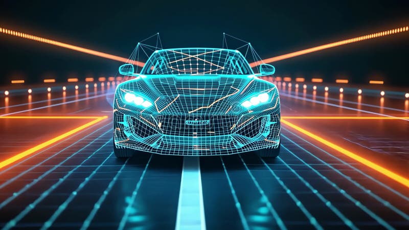 Futuristic Digital Car Design with Neon Grid and Dynamic Pathway Stock ...