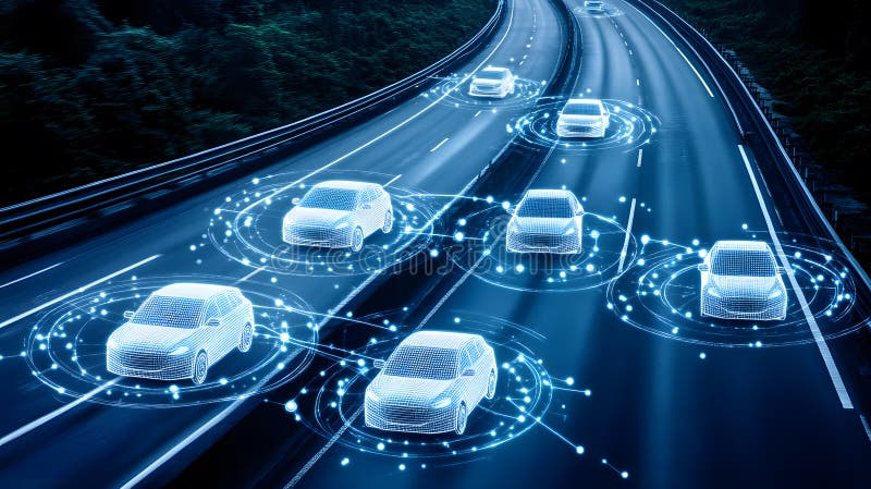 Futuristic Digital Cars on a Smart Highway Stock Illustration ...
