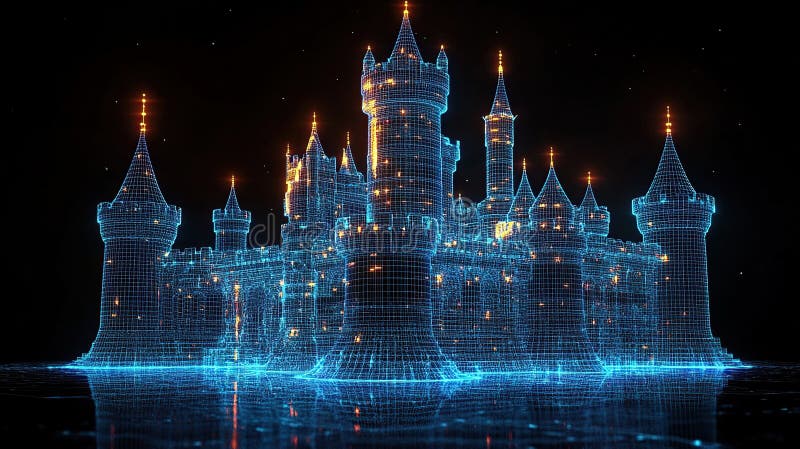 Futuristic Digital Castle with Glowing Lights Reflected in Water Stock ...