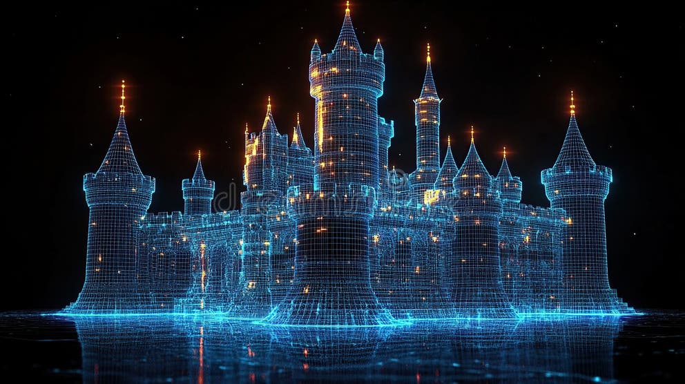 Futuristic Digital Castle with Glowing Lights Reflected in Water Stock ...