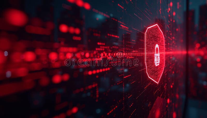 Digital Guardian with Hexagonal Red Holographic Interface Displaying ...