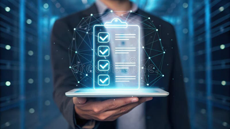 Futuristic Digital Checklist on Tablet Device with Glowing Checkmarks ...